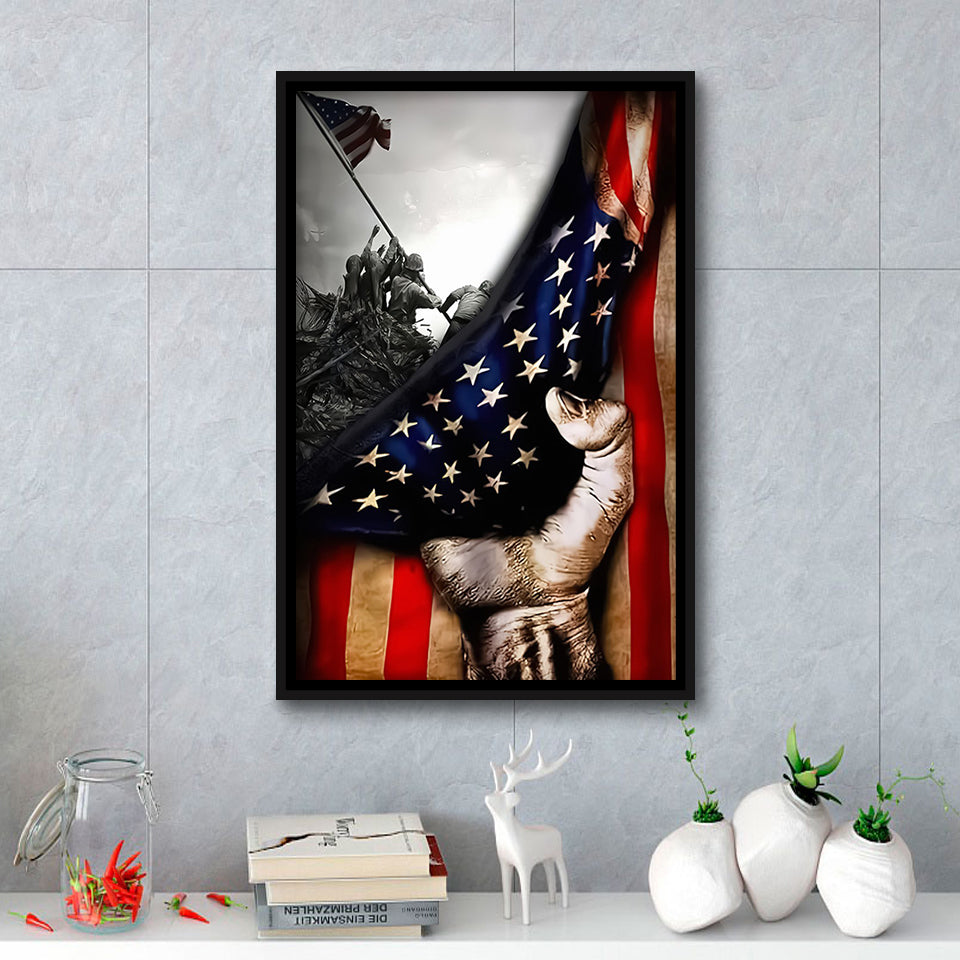 Us Veteran Hand Pulling American Flag 1 Framed Canvas Prints Wall Art ...