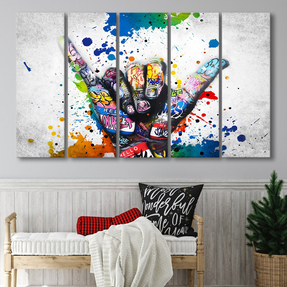 Hand Gesture Victory Graffiti Art Canvas 5 Piece B Prints Wall Art Dec ...