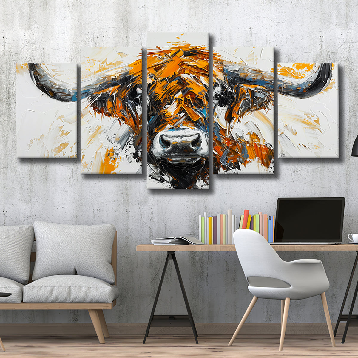Highland Cow Longhorn Portrait Oil Painting V3, 5 Panels Mixed Large C ...