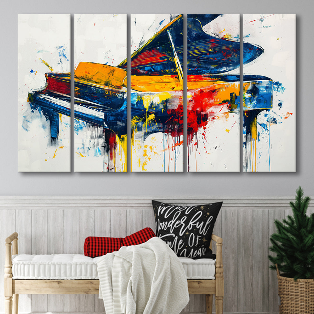 Piano Landscape Painting Unique Art, Mixed 5 Panel B Canvas Print Wall ...