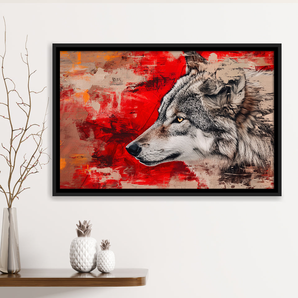 Wolf Portrait Red Background, Framed Canvas Print Wall Art Decor, Floa ...