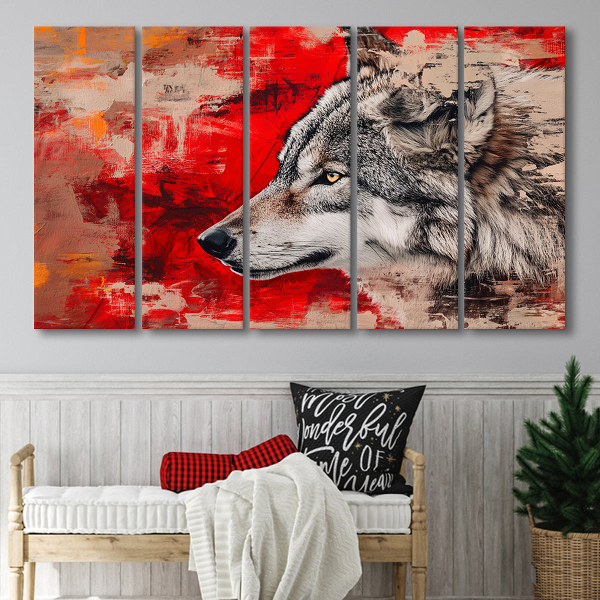 Wolf Portrait Red Background, Mixed 5 Panel B Canvas Print Wall Art De ...