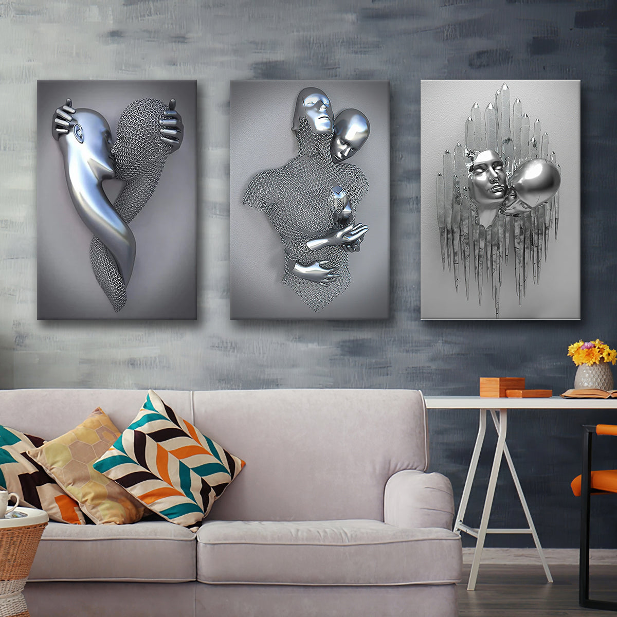 3D Effect Art Kissing Couple Canvas Wall Art Set of 3 Piece Canvas Pri ...