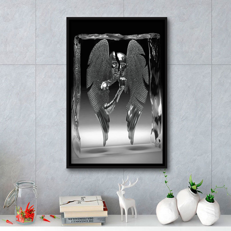 3D Effect Art Split Face With Angel Wings Framed Canvas Prints Wall Ar ...