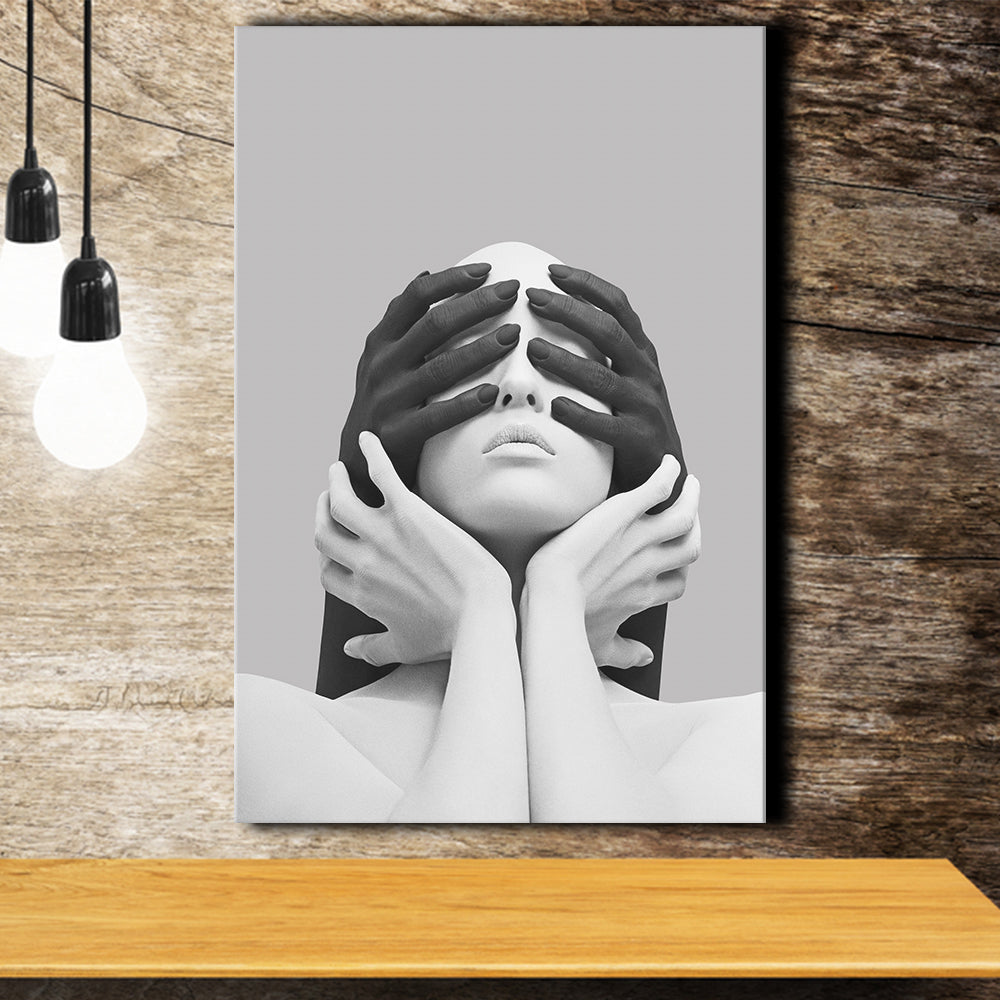 3D Effect Abstract White Woman Blindfolded By Black Hands V1 Canvas Pr ...