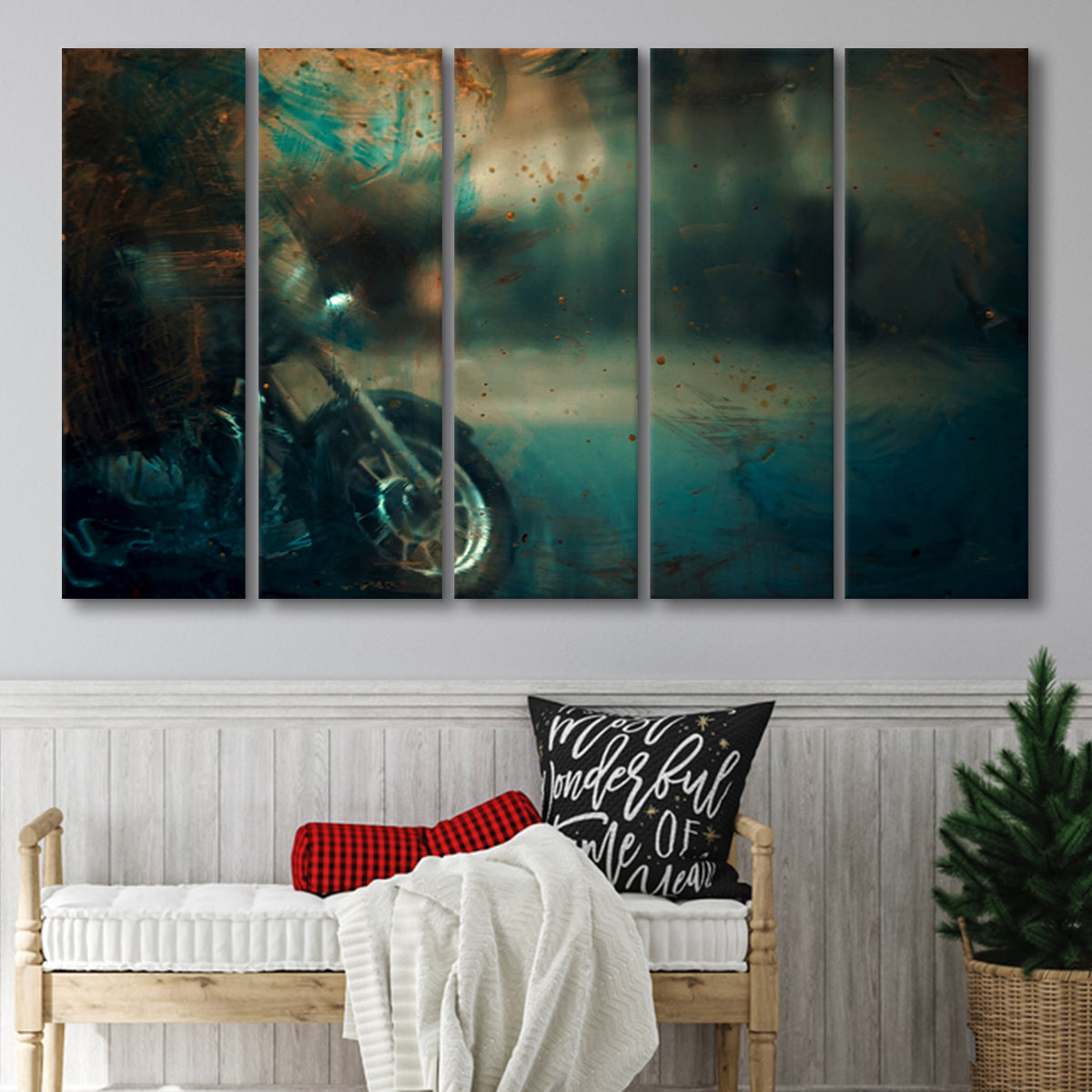 Abstract Motorcycle, Green Waves Painting 5 Panels B,Large Canvas,Canv ...