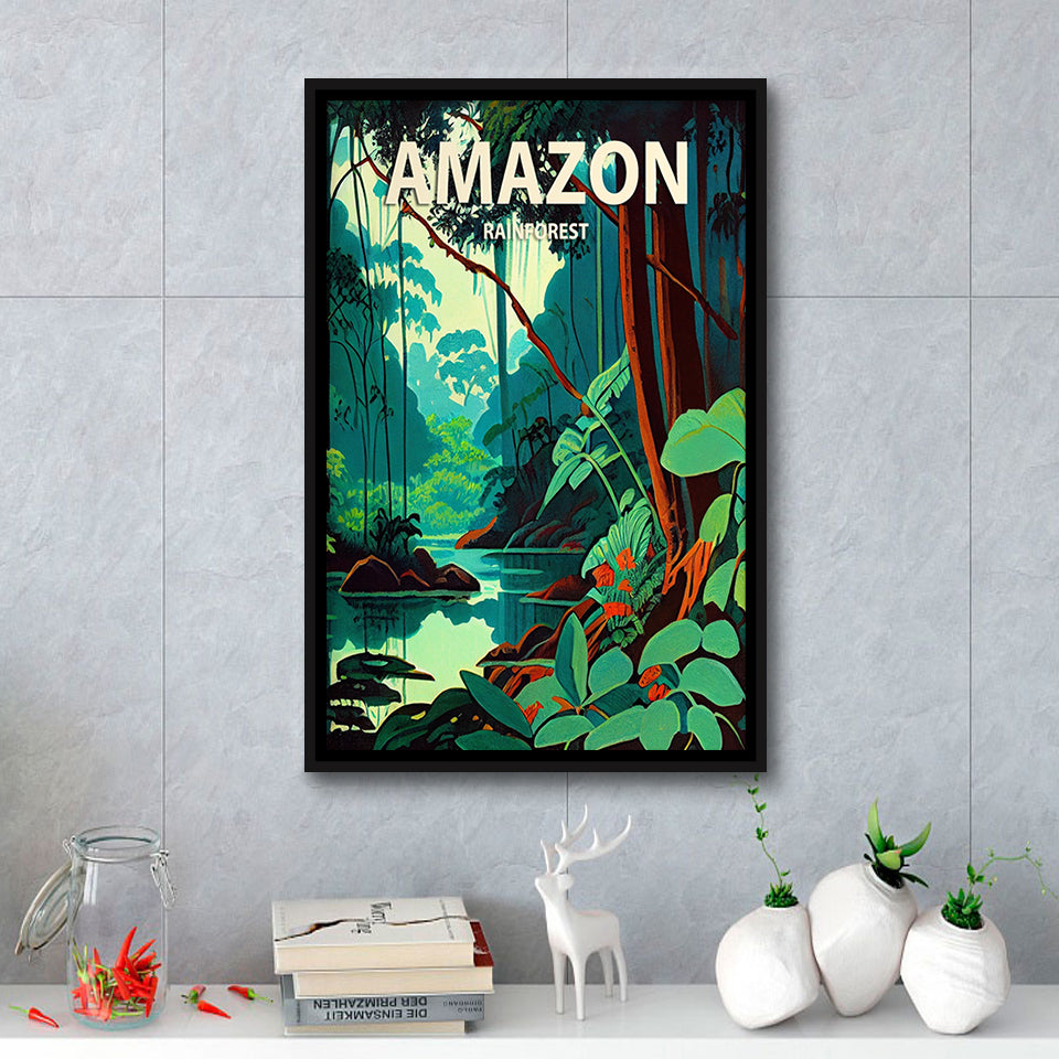 Amazon Rainforest Retro Art Print, Large Canvas, Framed Canvas Print W ...