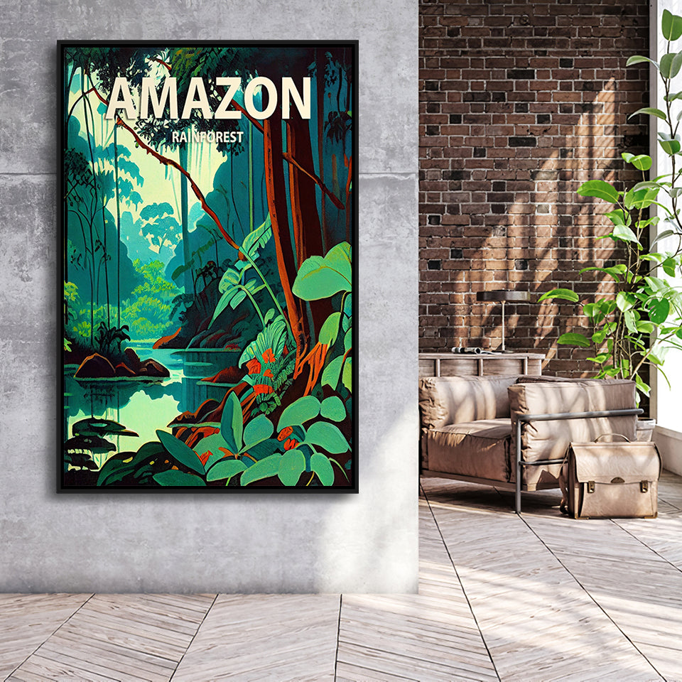 Amazon Rainforest Retro Art Print, Large Canvas, Framed Canvas Print W ...