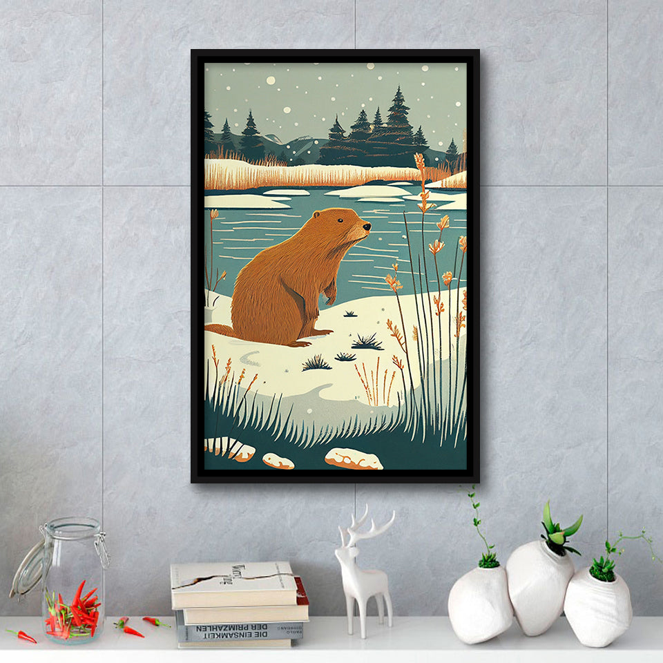 Beaver Retro Art Print, Large Canvas, Framed Canvas Print Wall Art Hom ...