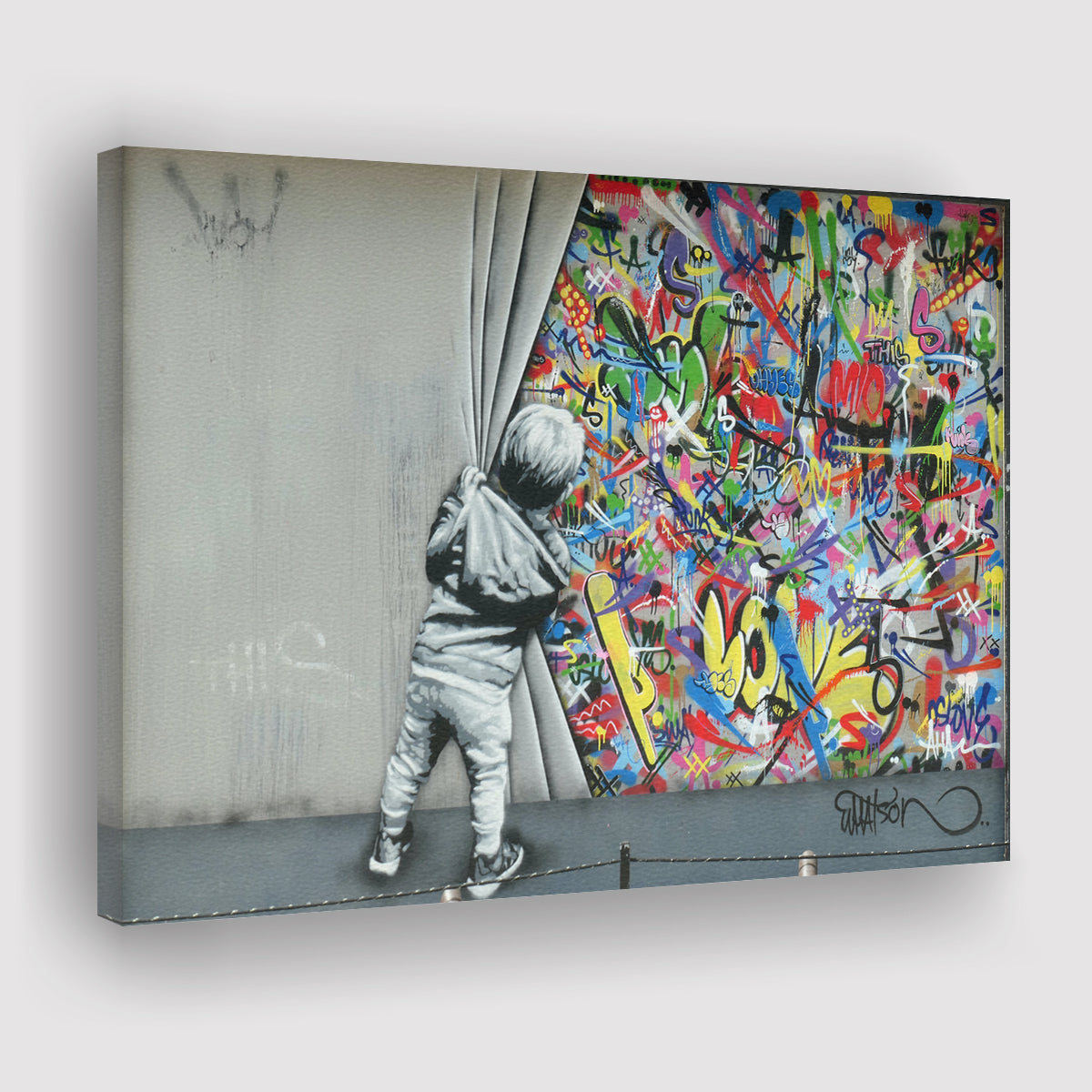 Behind The Curtain Kid Graffiti Art Canvas Wall Art - Painting Canvas ...