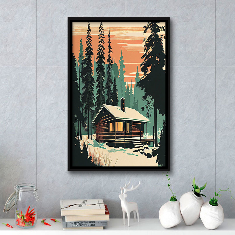 Cabin Retro Art Print V1, Large Canvas, Framed Canvas Print Wall Art H ...