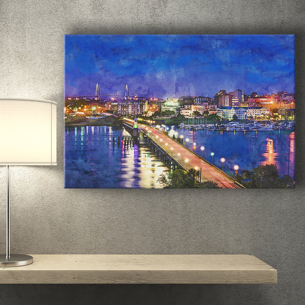 Charleston South Carolina Usa Skyline Over City Art Watercolor Canvas ...
