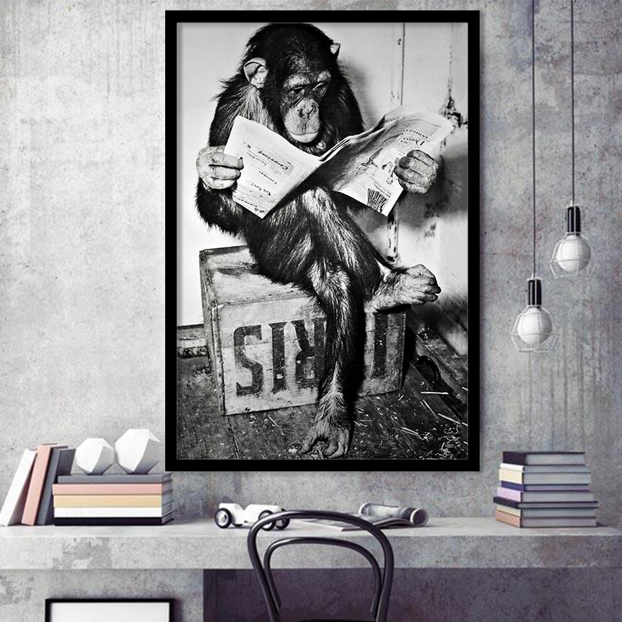Chimpanzee Reading Newspaper Black And White Print, Monkey Business Fr ...