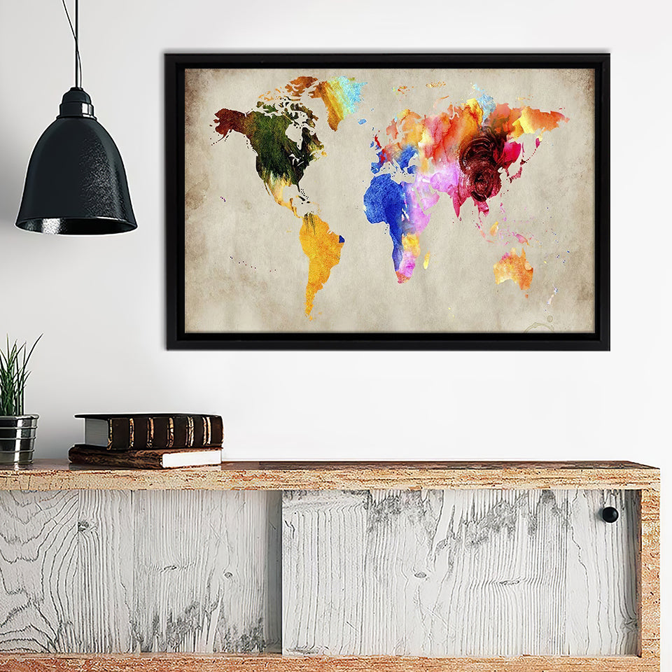 Colorful World Map Framed Canvas Wall Art - Canvas Prints, Painting Ca ...