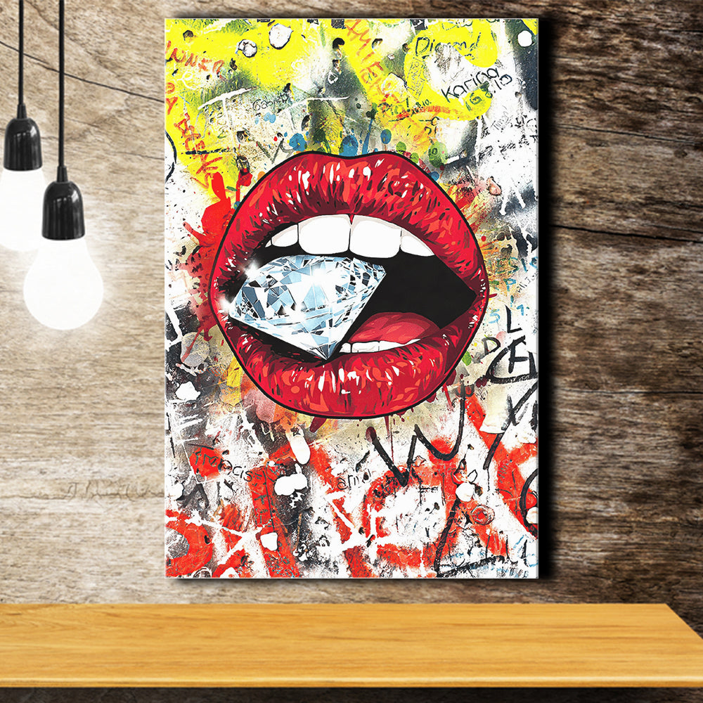 Diamond Red Lips Graffiti Art Canvas Prints Wall Art Decor - Painting ...