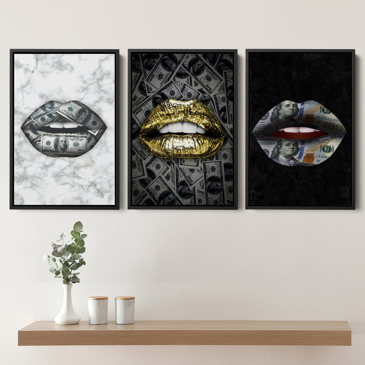 Dollar Bill Money Lips Wall Art Set of 3 Piece Framed Canvas Prints Wa ...