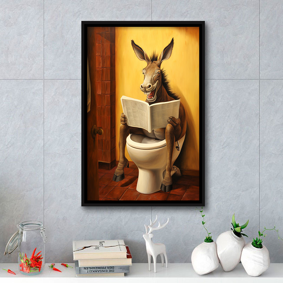 Donkey Smiling And Reading Newpaper In Toilet Funny Animal Art,Framed ...