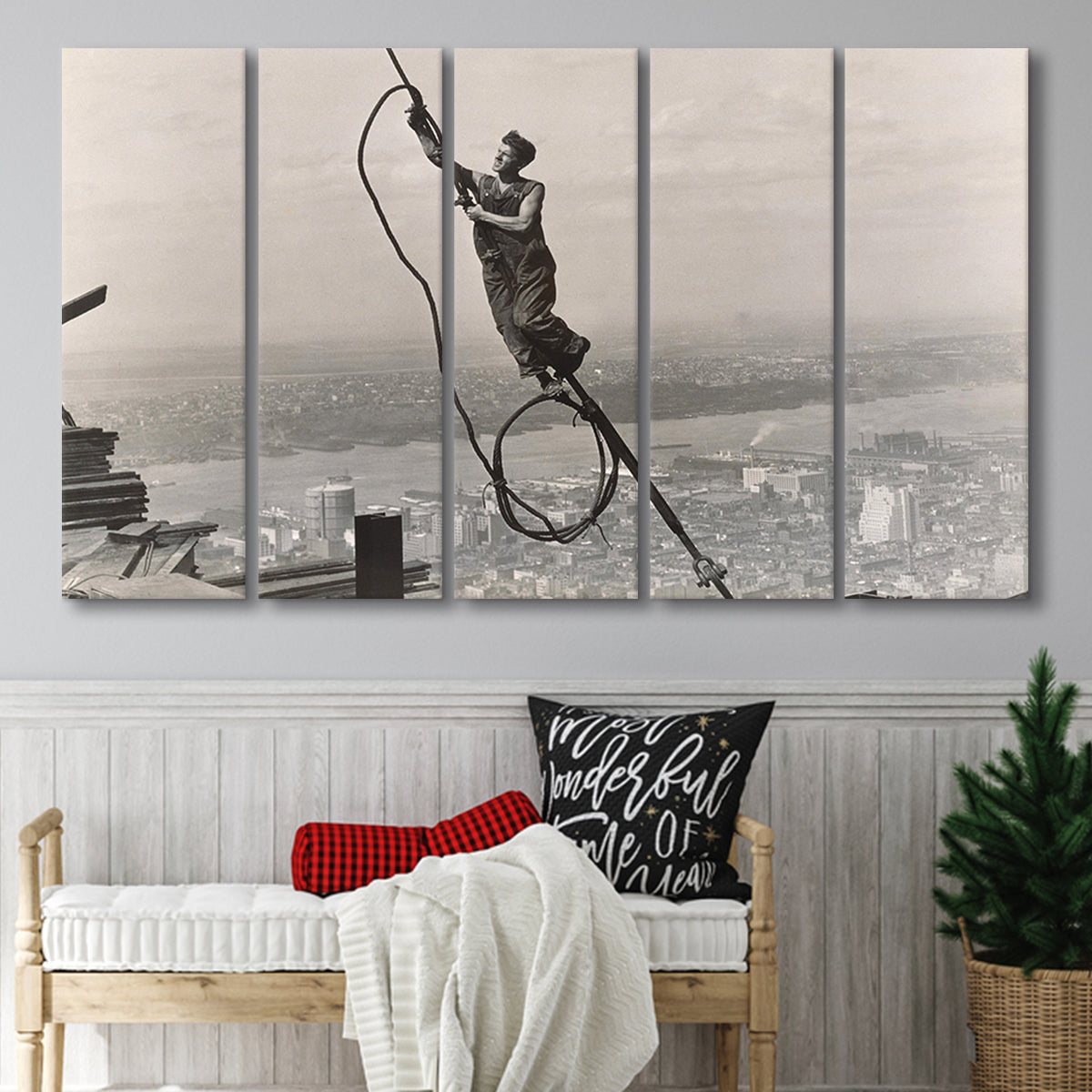 Empire State Building Black And White Print, Steel Worker Vintage Larg ...