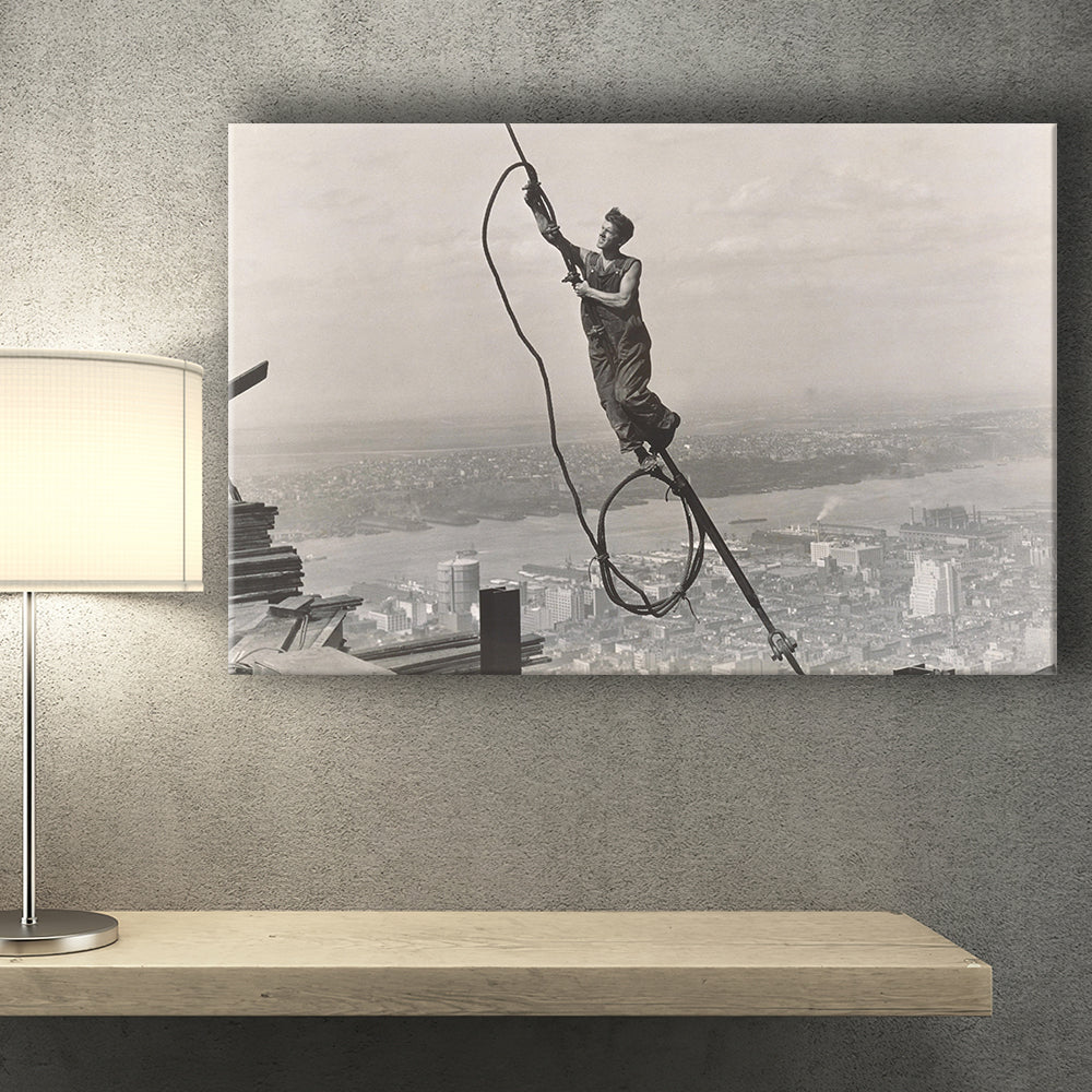 Empire State Building Black And White Print, Steel Worker Vintage Canv ...