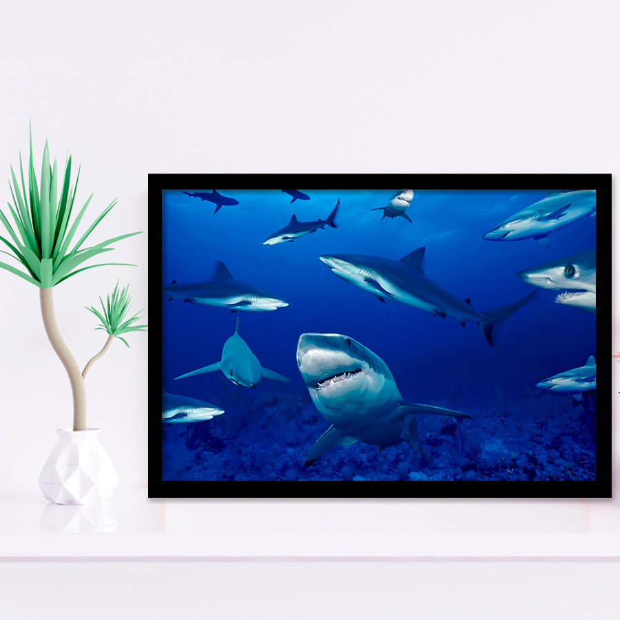 Enormous Shark In Deep Blue Water Framed Art Prints Wall Decor - Paint ...