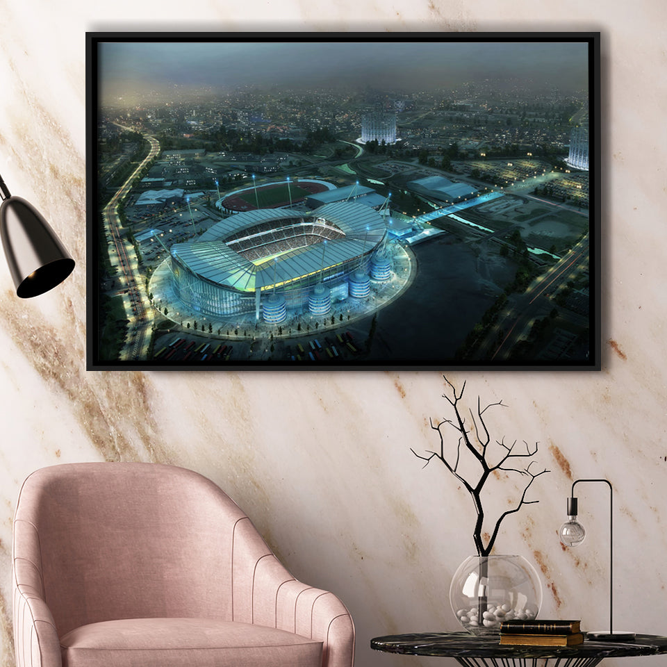 Etihad Stadium, Soccer, Aerial View, Football Stadium Framed Canvas Pr ...