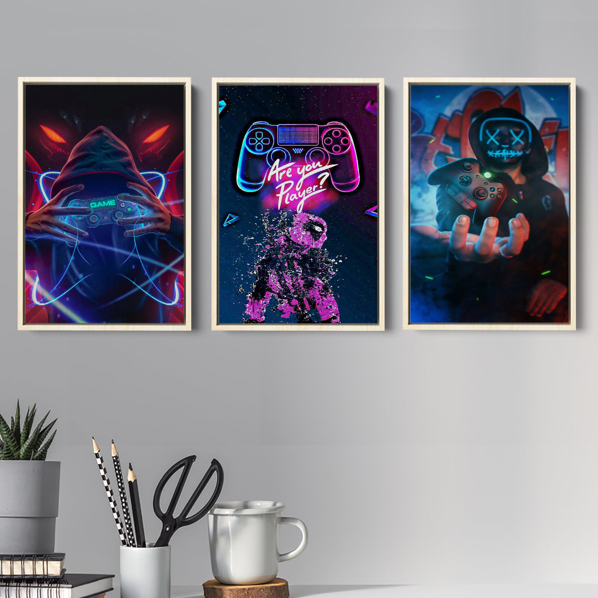 Game Handle Controller Pop Art Painting Set of 3 Piece Framed Canvas P ...
