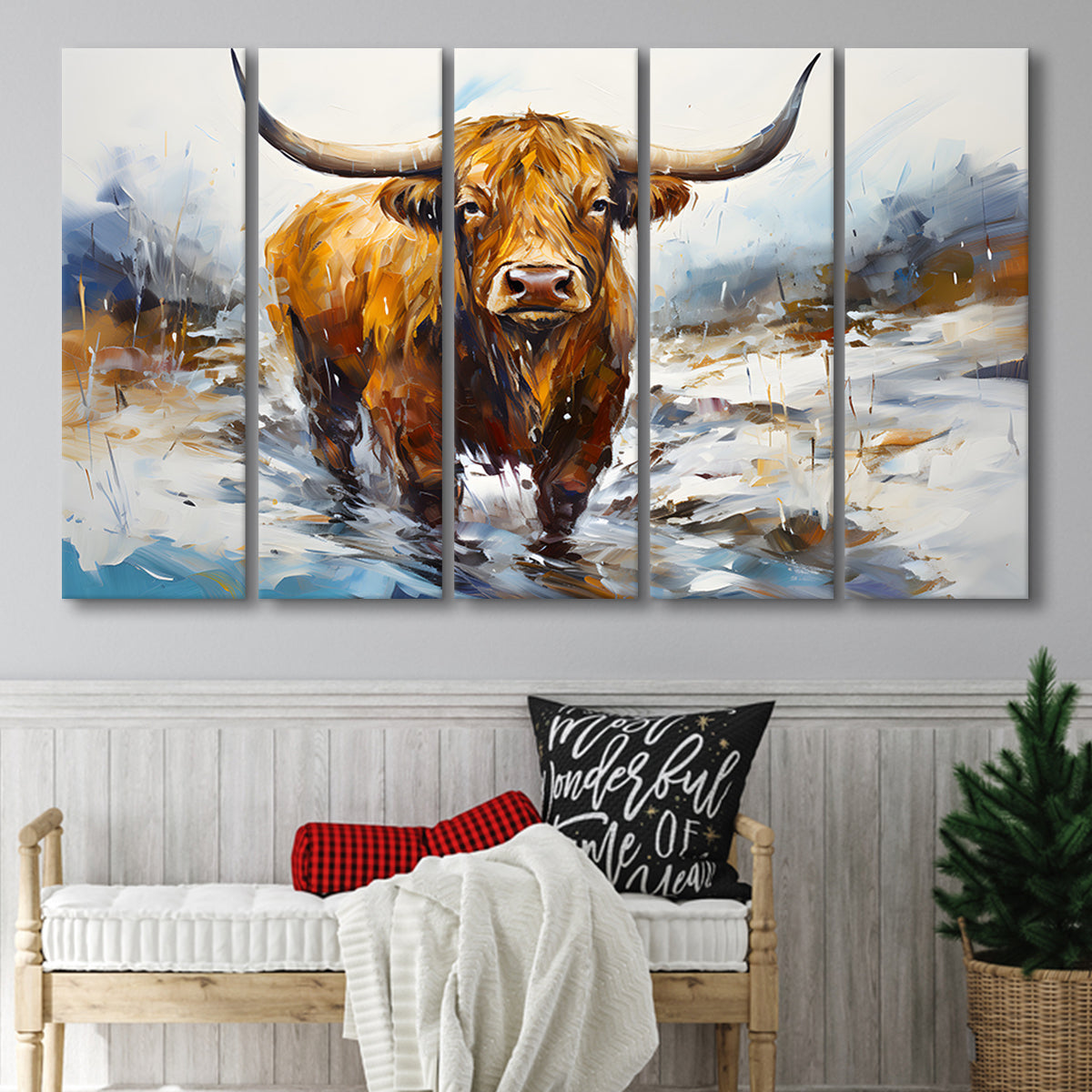 Highland Cow Portrait Oil Painting V1 5 Panels B Canvas Prints Wall Ar ...