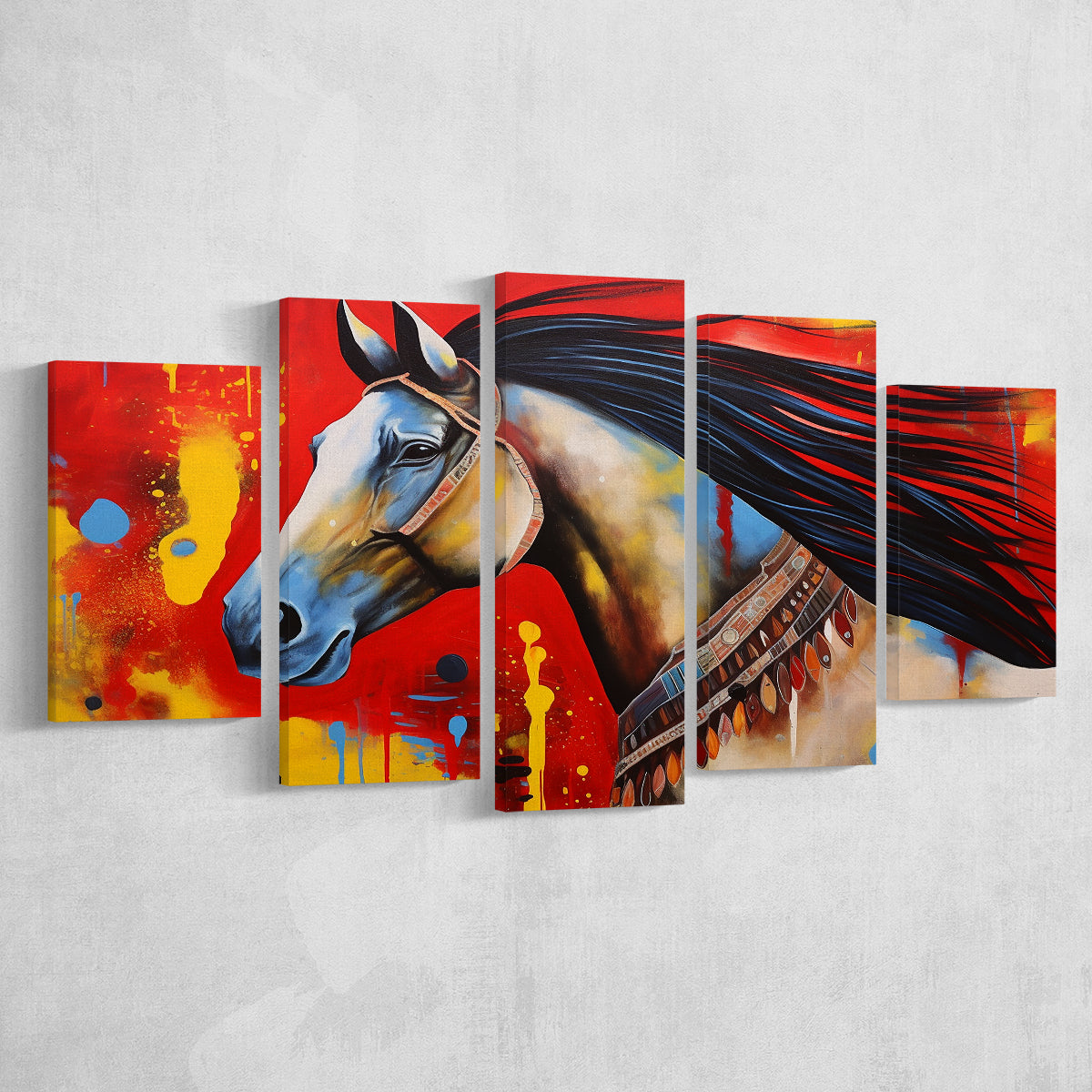 Indian Horse Warrior Oil Painting V2 Mixed 5 Panel Large Canvas Prints ...