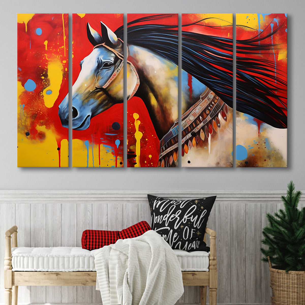 Indian Horse Warrior Oil Painting V2,5 Panel Extra Large Canvas Prints ...