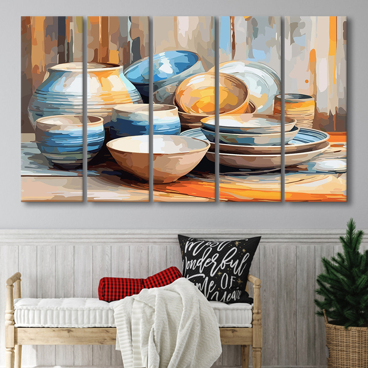 Kitchen Ceramics Wall Art, Pots And Plates Print, Kitchen Decor, 5 Pan ...