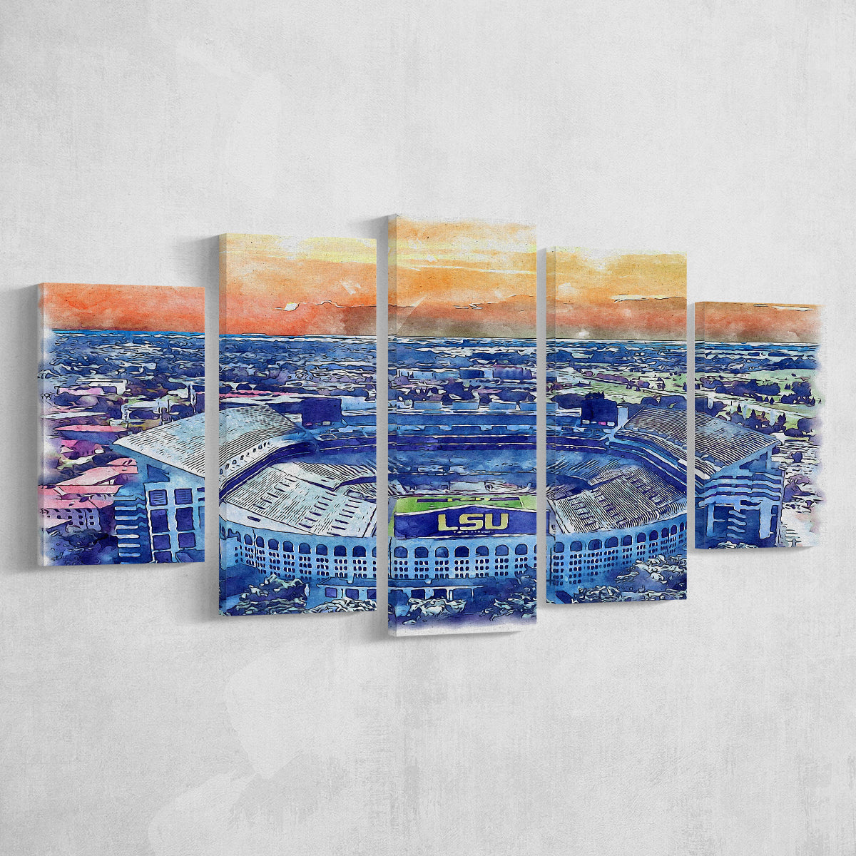 LSU Tigers Tiger Stadium Watercolor, 5 Pieces, Multi Panel Canvas Prin ...