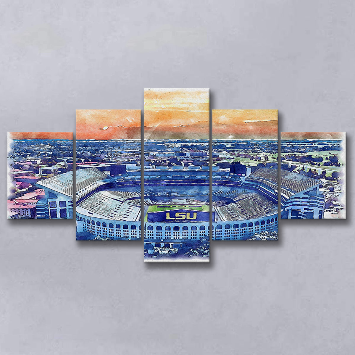 LSU Tigers Tiger Stadium Watercolor, 5 Pieces, Multi Panel Canvas Prin ...
