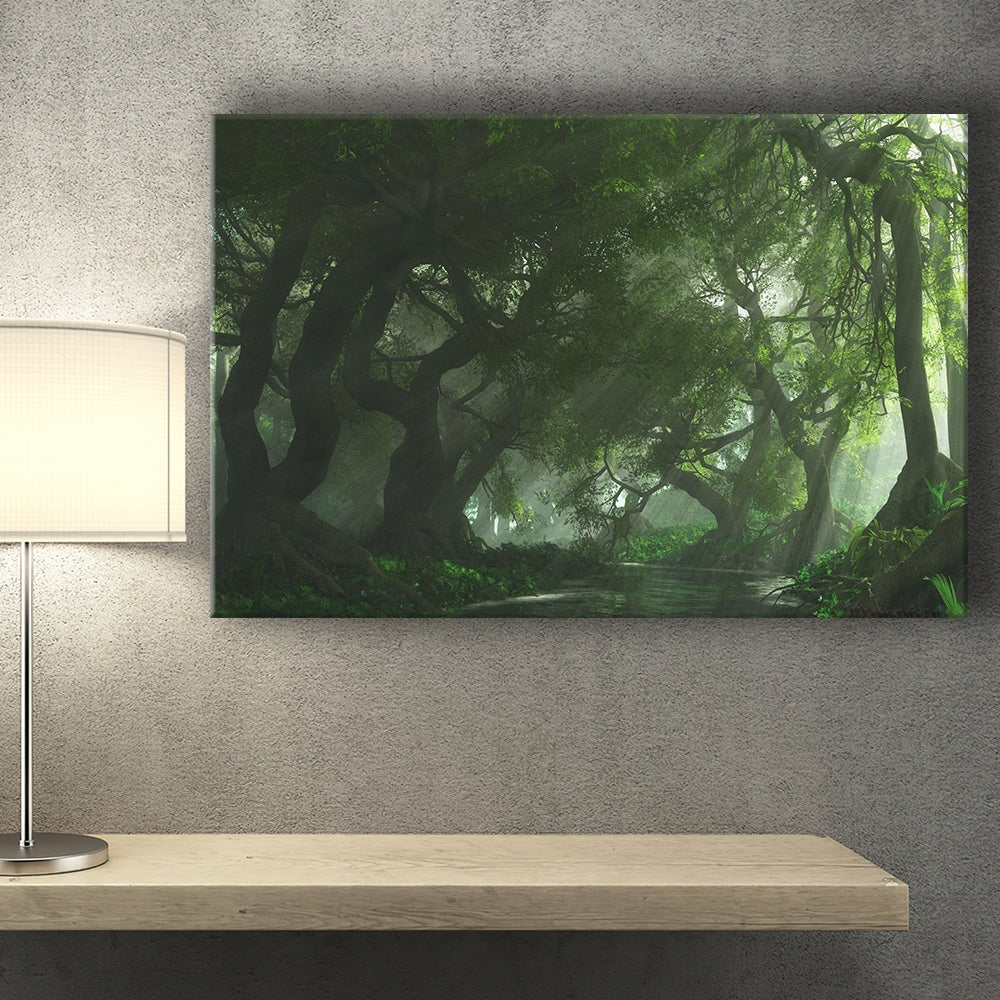 Long Big Tree Forest And A River Canvas Prints Wall Art - Painting Can ...