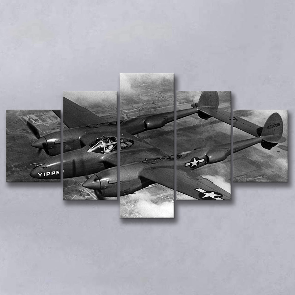 Military Lockheed Lightning Aircraft Black And White, 5 Panel Canvas P ...