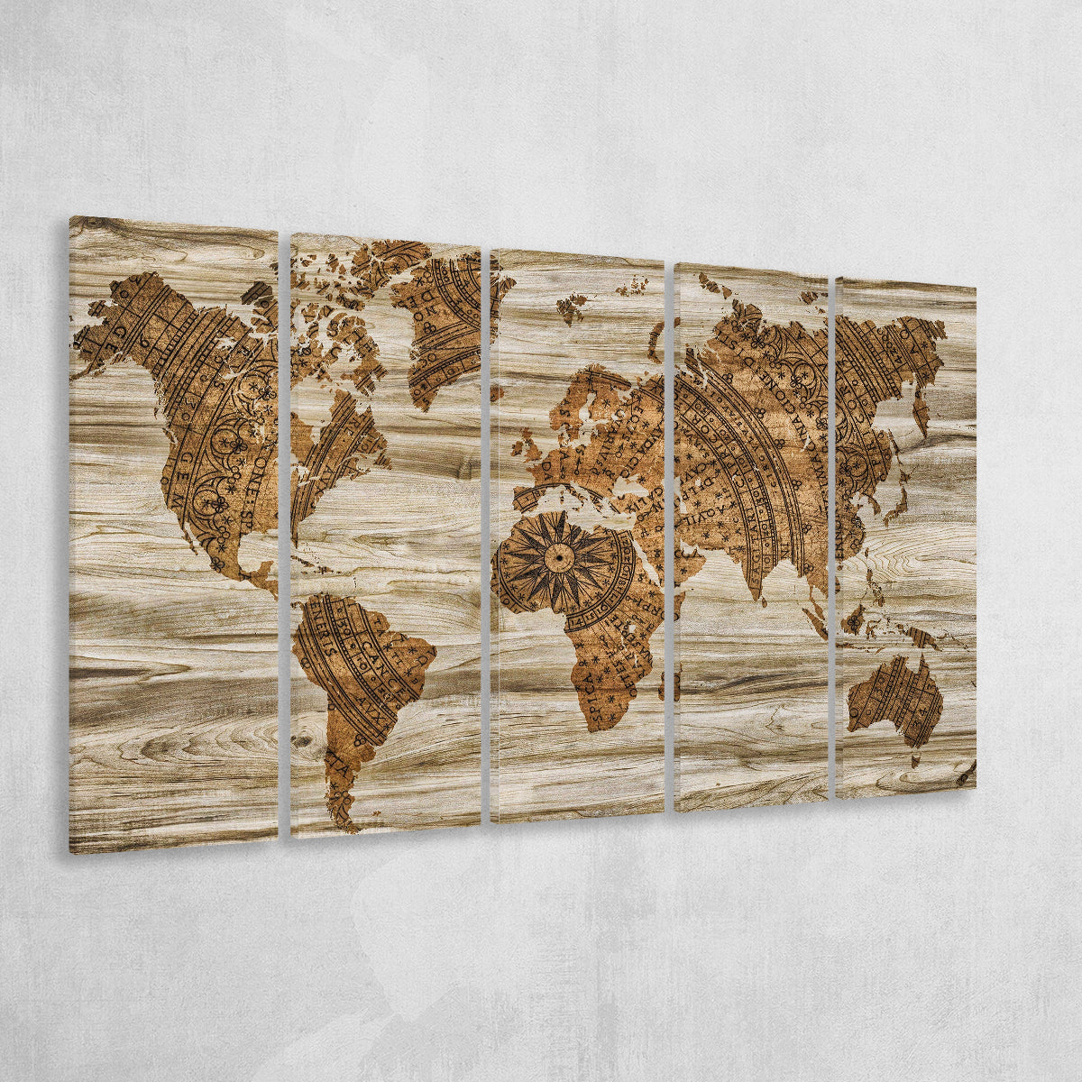 Modern World Map, Wood Style Map Print 5 Panels B,Large Canvas,Canvas ...