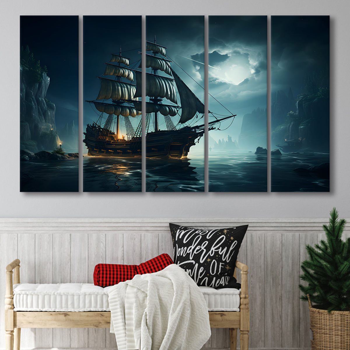 Old Pirate Ship In The Moonlight 5 Panels B Canvas Prints Wall Art Hom ...