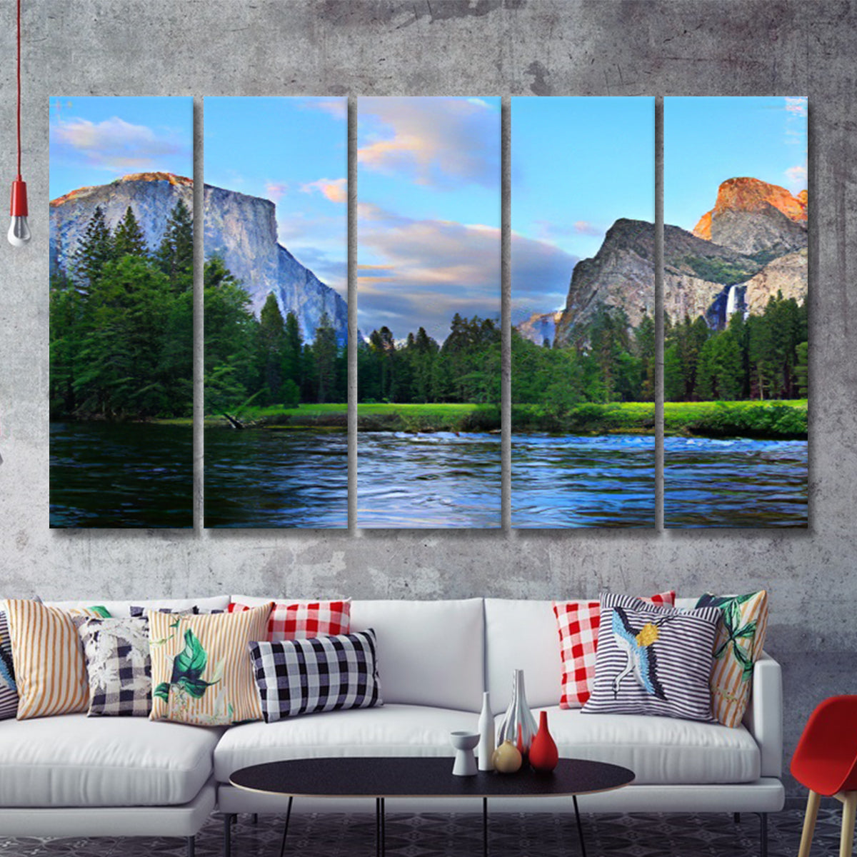 Panorama of the Yosemite Valley at the Merced River 5 Pieces Canvas Pr ...