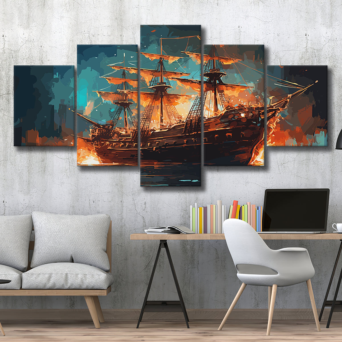 Pirate Ship On Fire Water Color Painting Art, 5 Panel Canvas Prints Wa ...