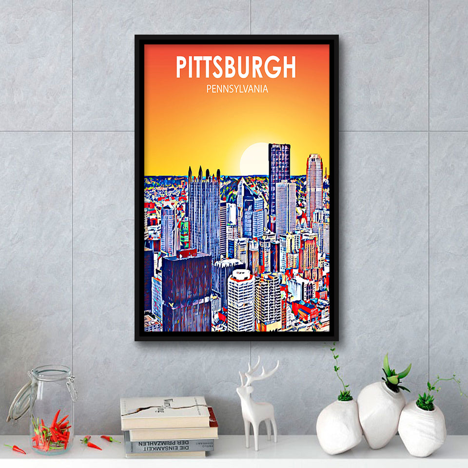 Pittsburgh Pennsylvania Art Sunset Landscape, Large Canvas, Framed Can ...