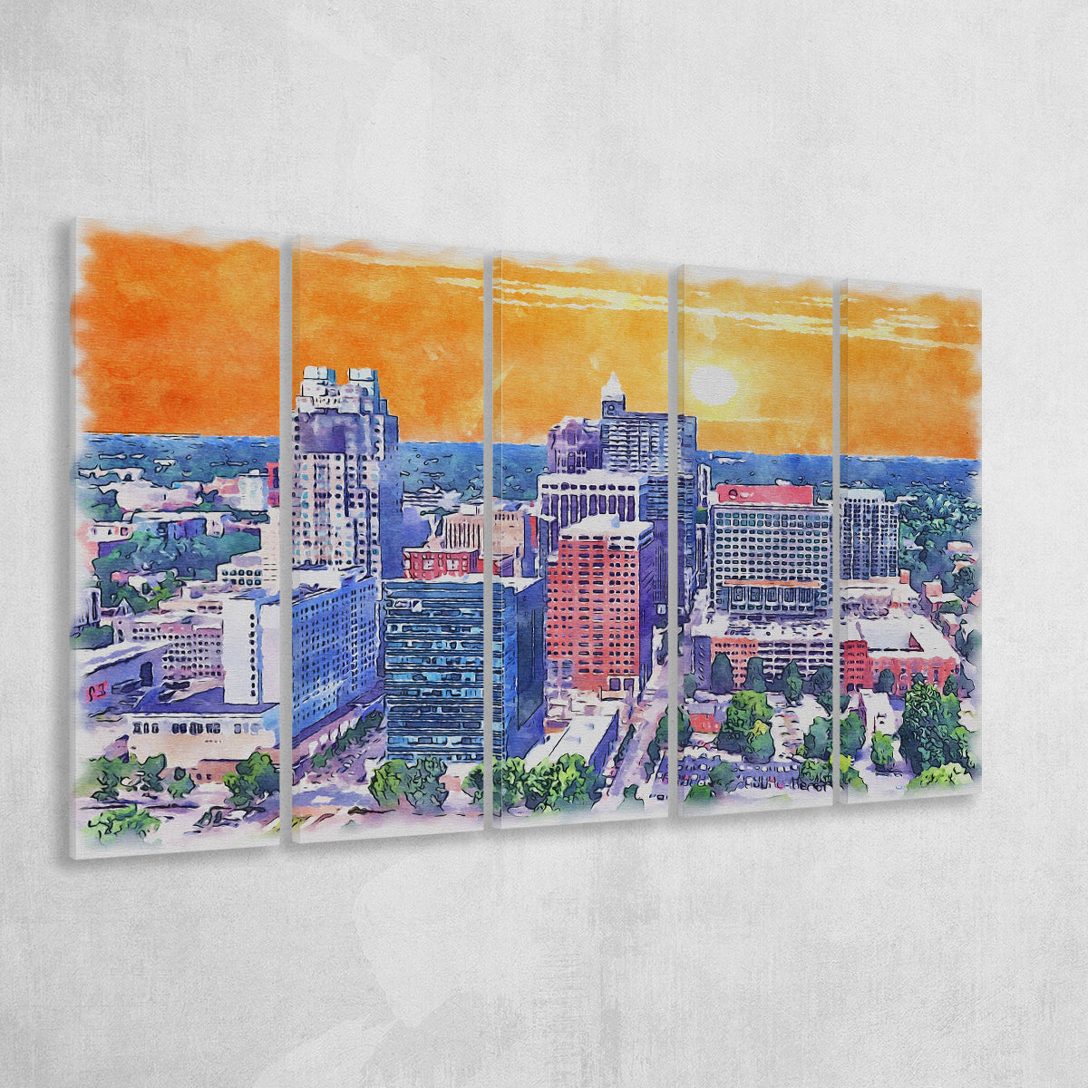 Raleigh Watercolor Raleigh North Carolina, 5 Pieces B, Multi Panel Can ...