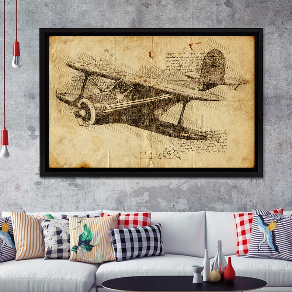 Red Staggerwing Vintage Aircraft Davinci Style Framed Canvas Prints ...