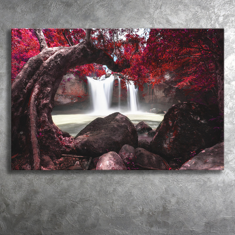 Red Trees Waterfall Scenery Canvas Prints Wall Art - Canvas Painting ...