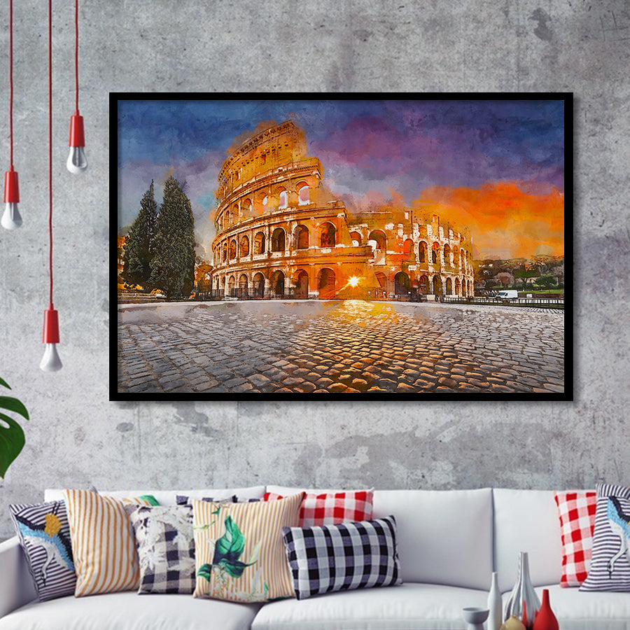 Rome Italy Colosseum Amphitheater Sunrise Through City Art Watercolor ...