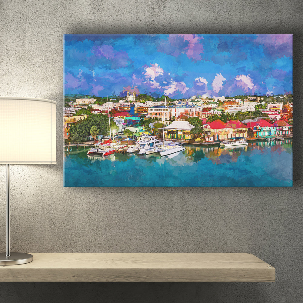 St Johns Antigua Barbuda Town Skyline City Art Watercolor Canvas Print ...