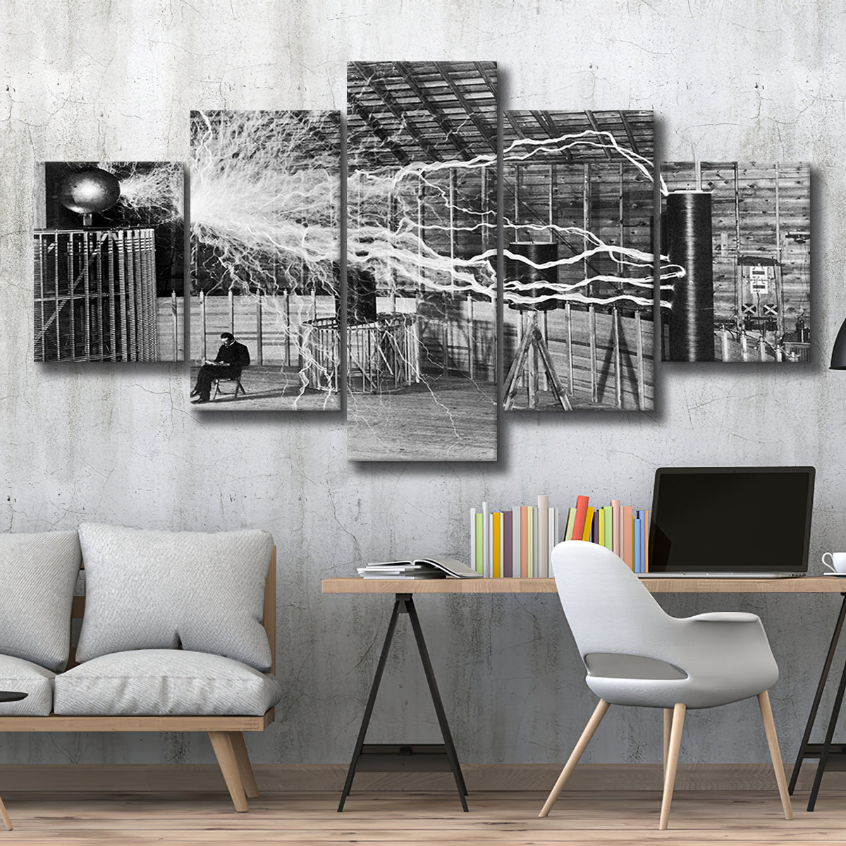 Tesla Coil Photo Black And White Print, Nikola Tesla 5 Panels, Canvas ...