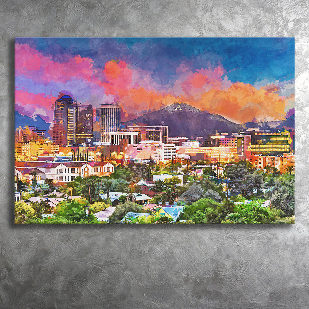Tucson Arizona Usa Downtown Skyline Sentinel City Art Watercolor Canva ...