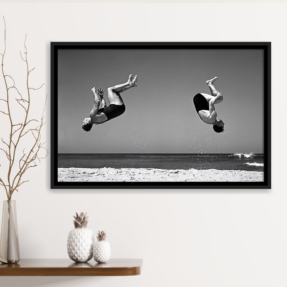 Vintage Beach Backflip Black And White Print, Beach Acrobats Framed Ca ...