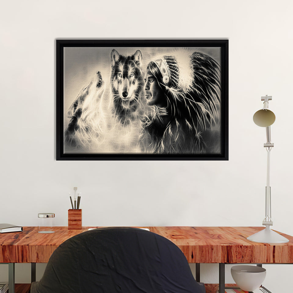 Wolves And Indian Man Back And White Drawing Framed Canvas Wall Art ...