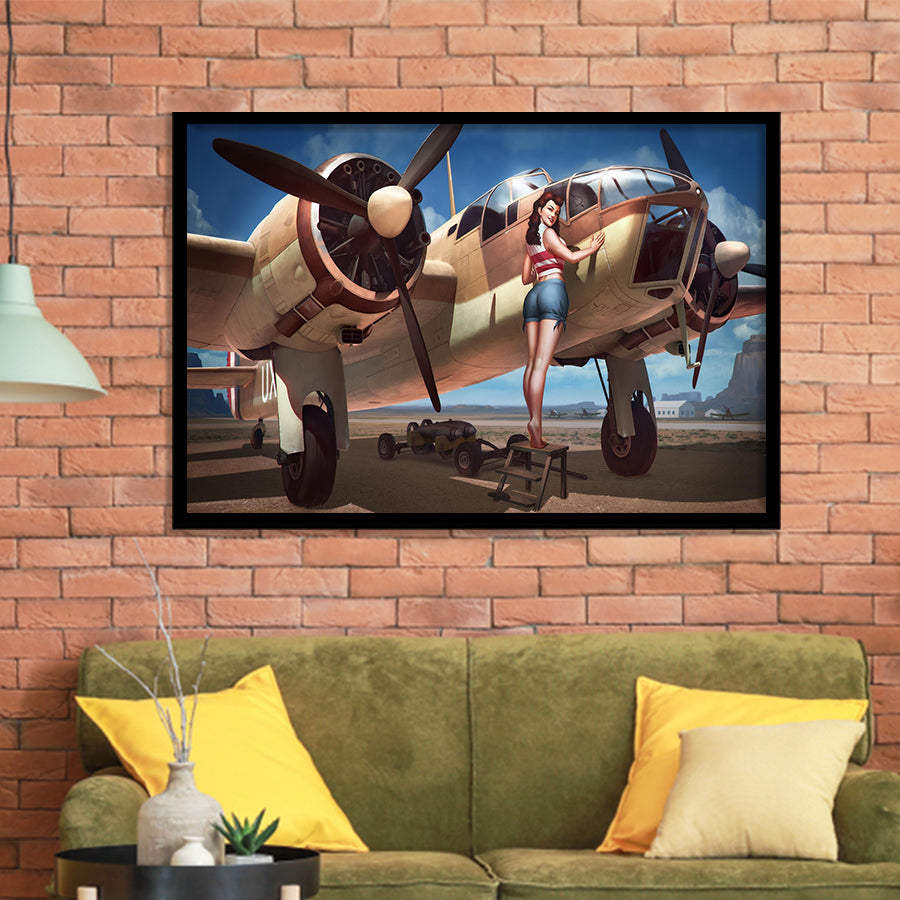 Aircraft Pin Up Girl Wing Of Angle Framed Art Prints Wall Decor - Pain ...