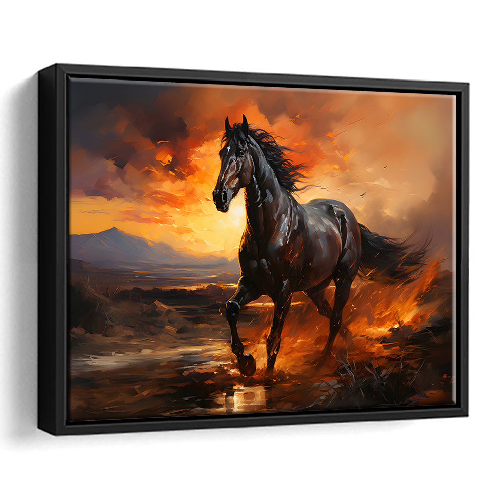 Black Horse Running In The Sunset V1 Framed Canvas Prints Wall Art Hom ...